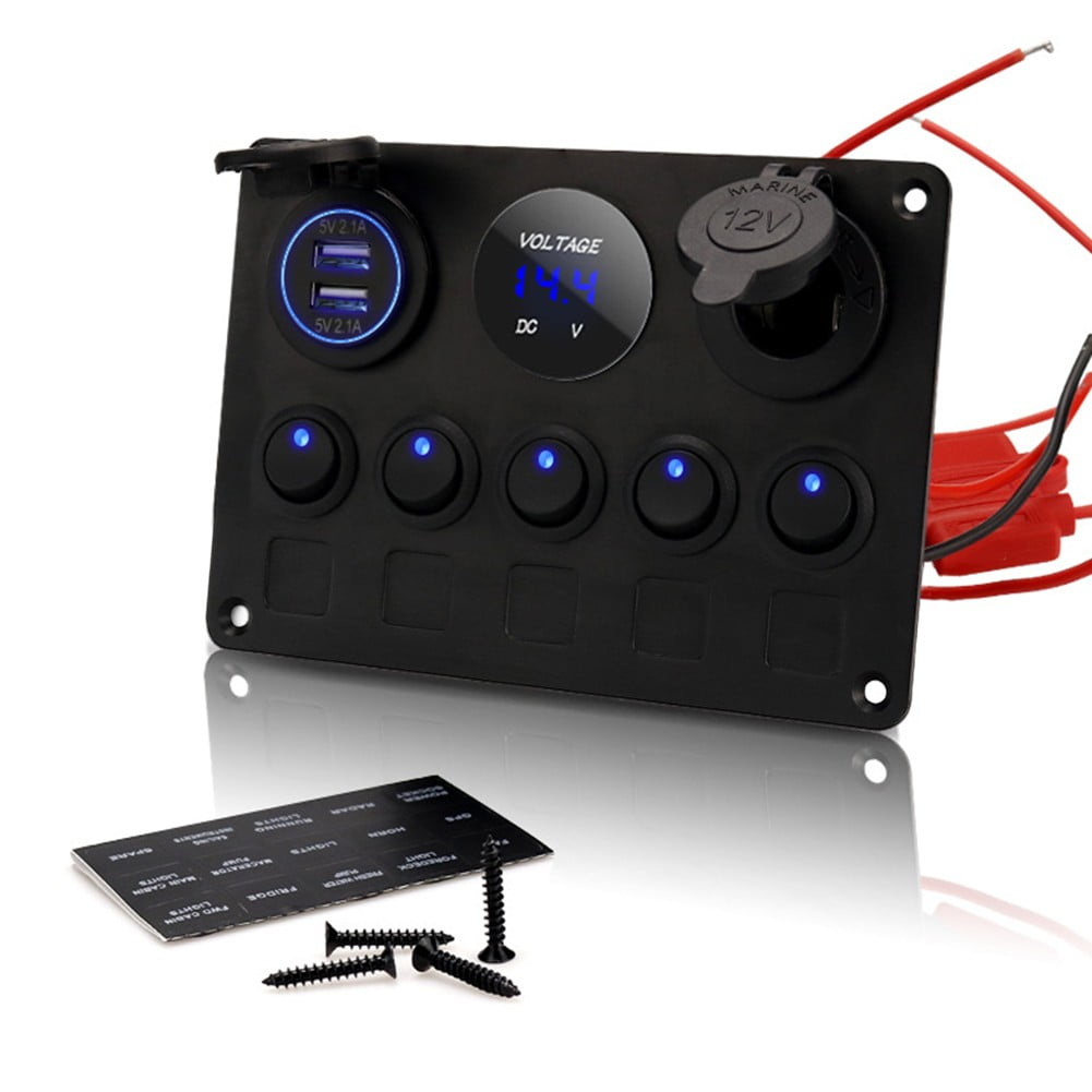 5 Gang 12V 24V Inline Fuse Box LED Switch Panel Dual USB Car Boat Truck ...