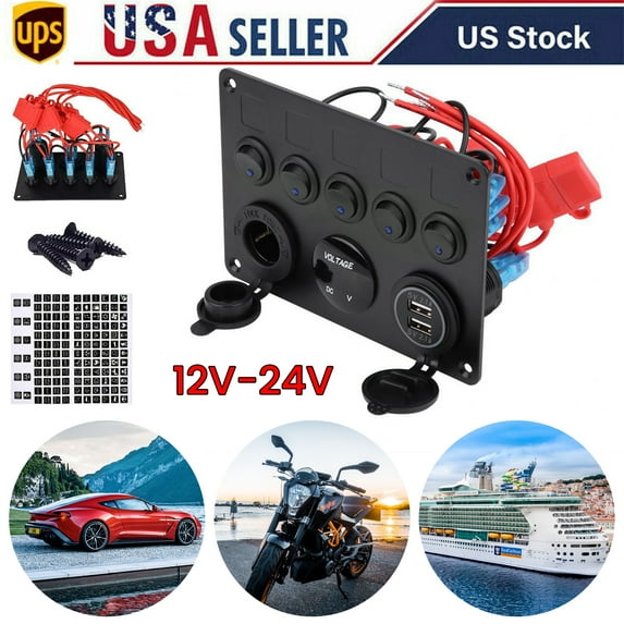 5 Gang LED Rocker Switch Panel Circuit Breaker Waterproof for RV Car ...