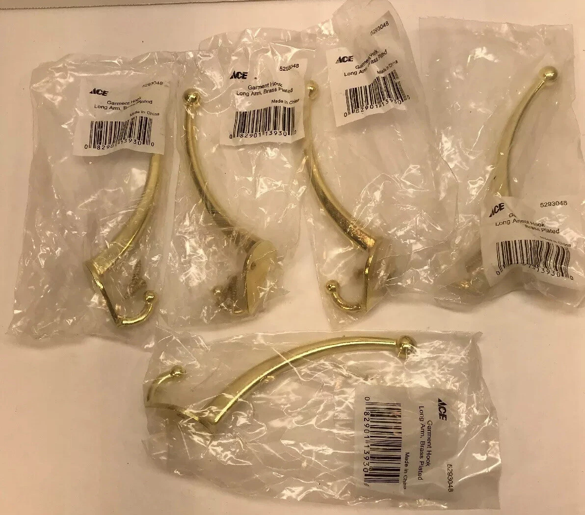 5 Garment Hooks-Long Arm 5 3/8" Brass Finish Ace Metal Free Shipping ...