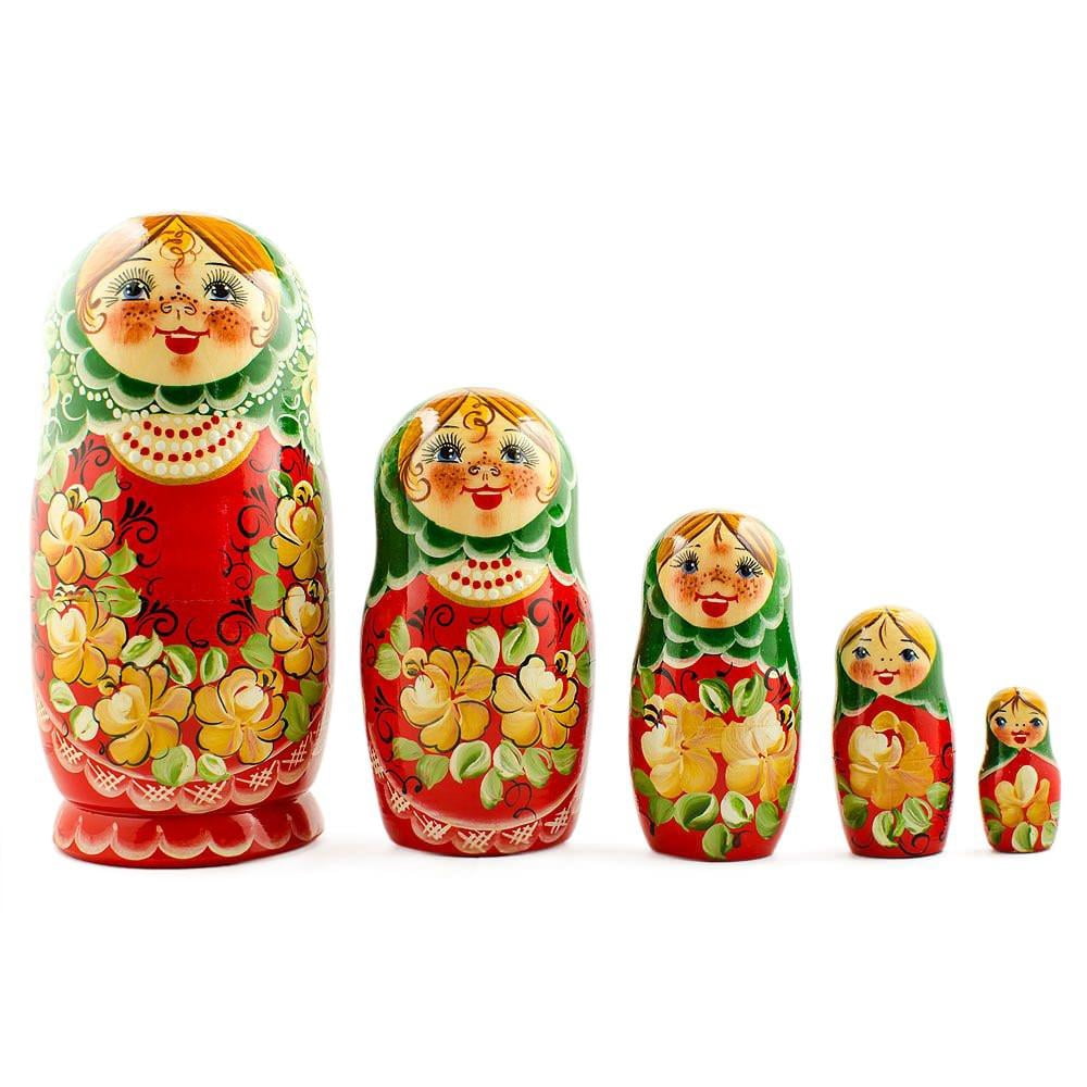 5 Girl with Green Scarf and Red Dress Wooden Nesting Dolls 7 Inches ...