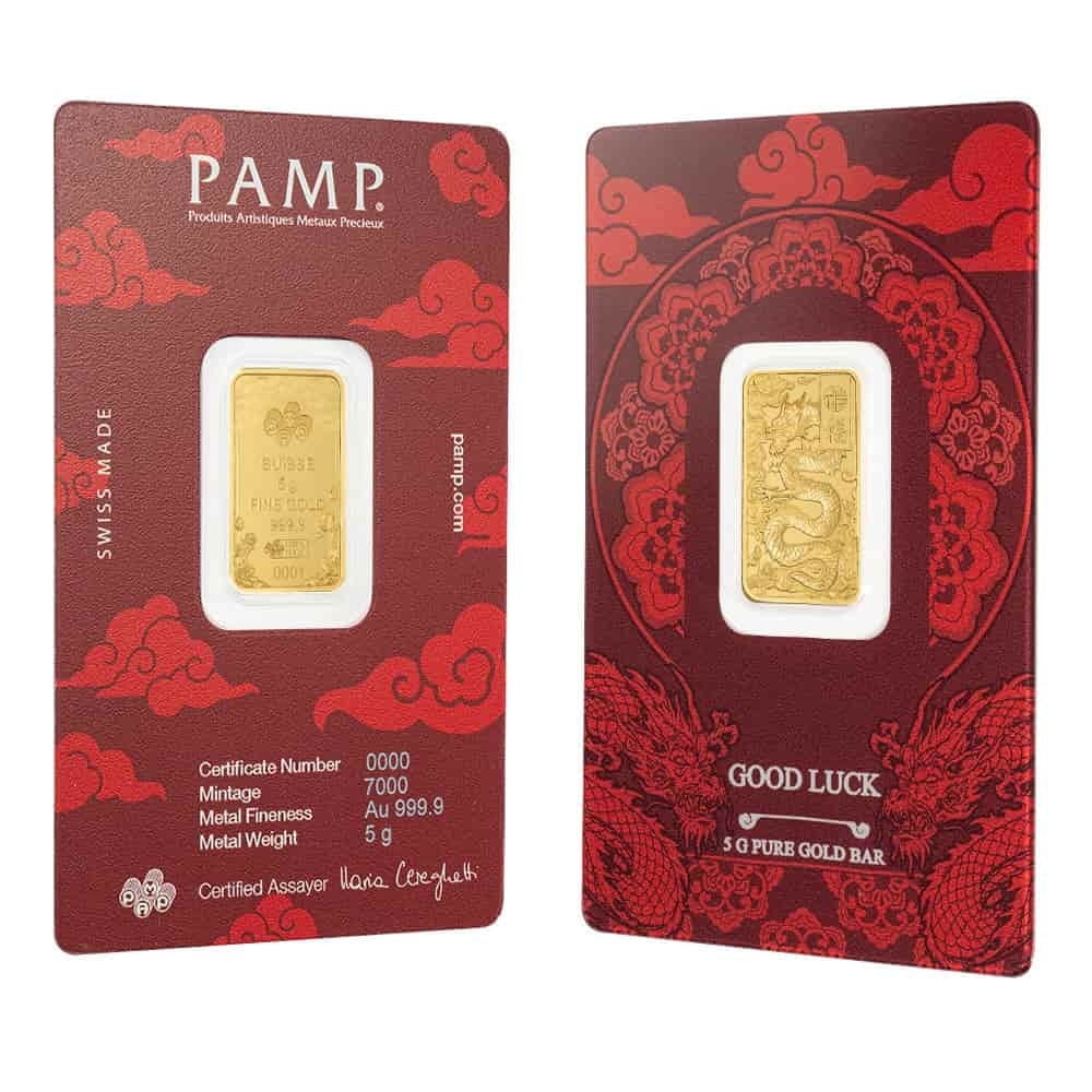 5 Gram PAMP Suisse Good Luck Yellow Dragon Gold Bar .9999 Fine (in ...