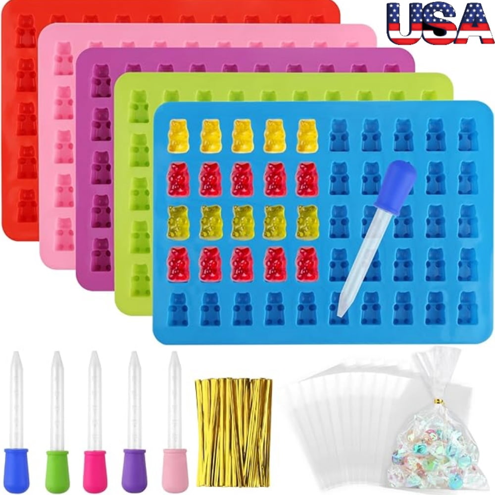 5 Gummy Bear Moulds Silicone, Candy Silicone Mould with 5 Pipettes, 100 ...