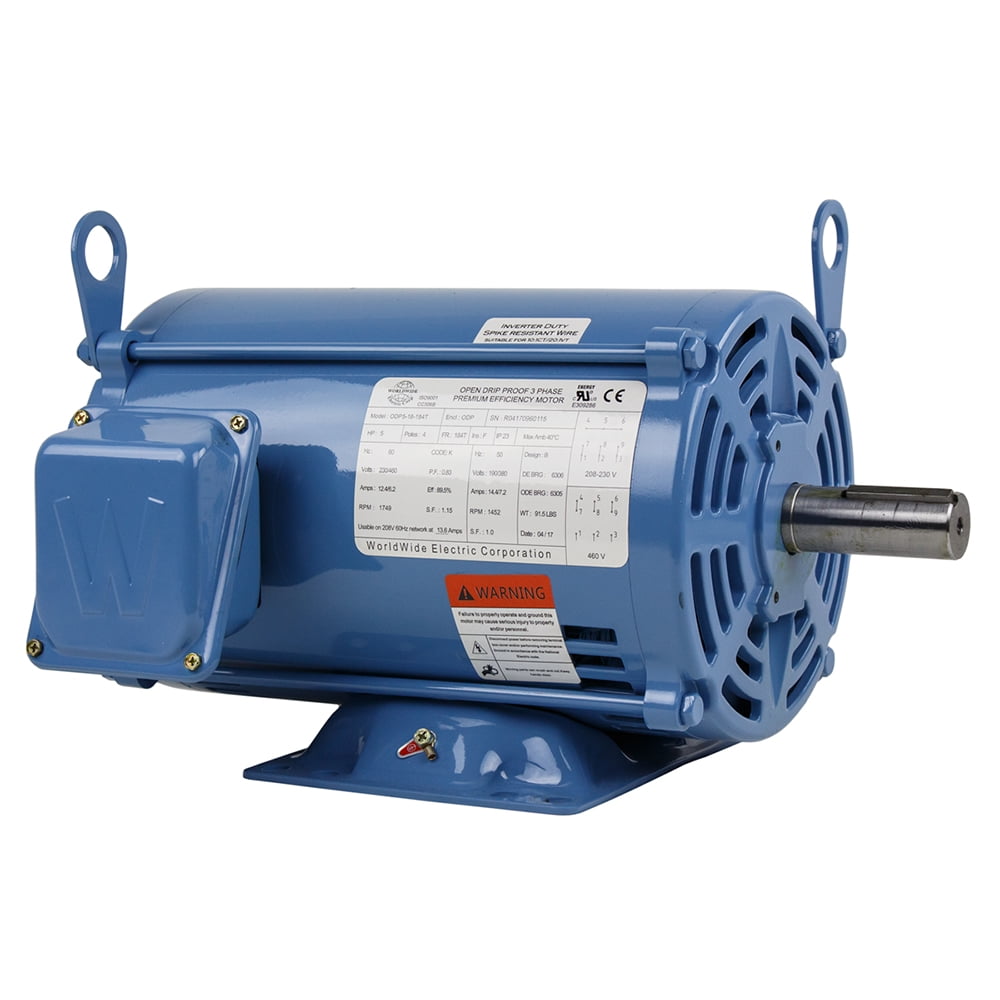 5 HP 3 Phase Electric Motor 1800 RPM 184T Frame ODP Open Drip Proof 230 ...