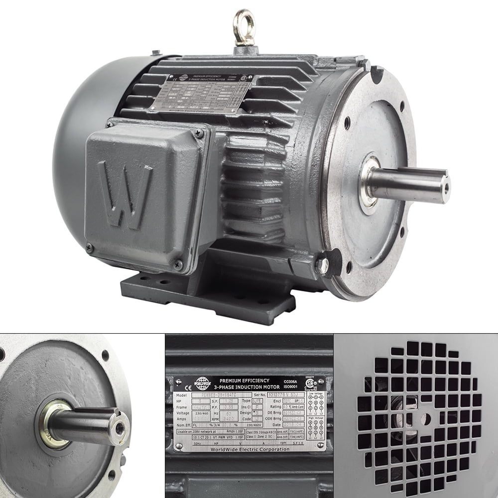 5 HP 3 Phase Electric Motor C-Face 3600 RPM 184TC TEFC 230/460 Volt ...