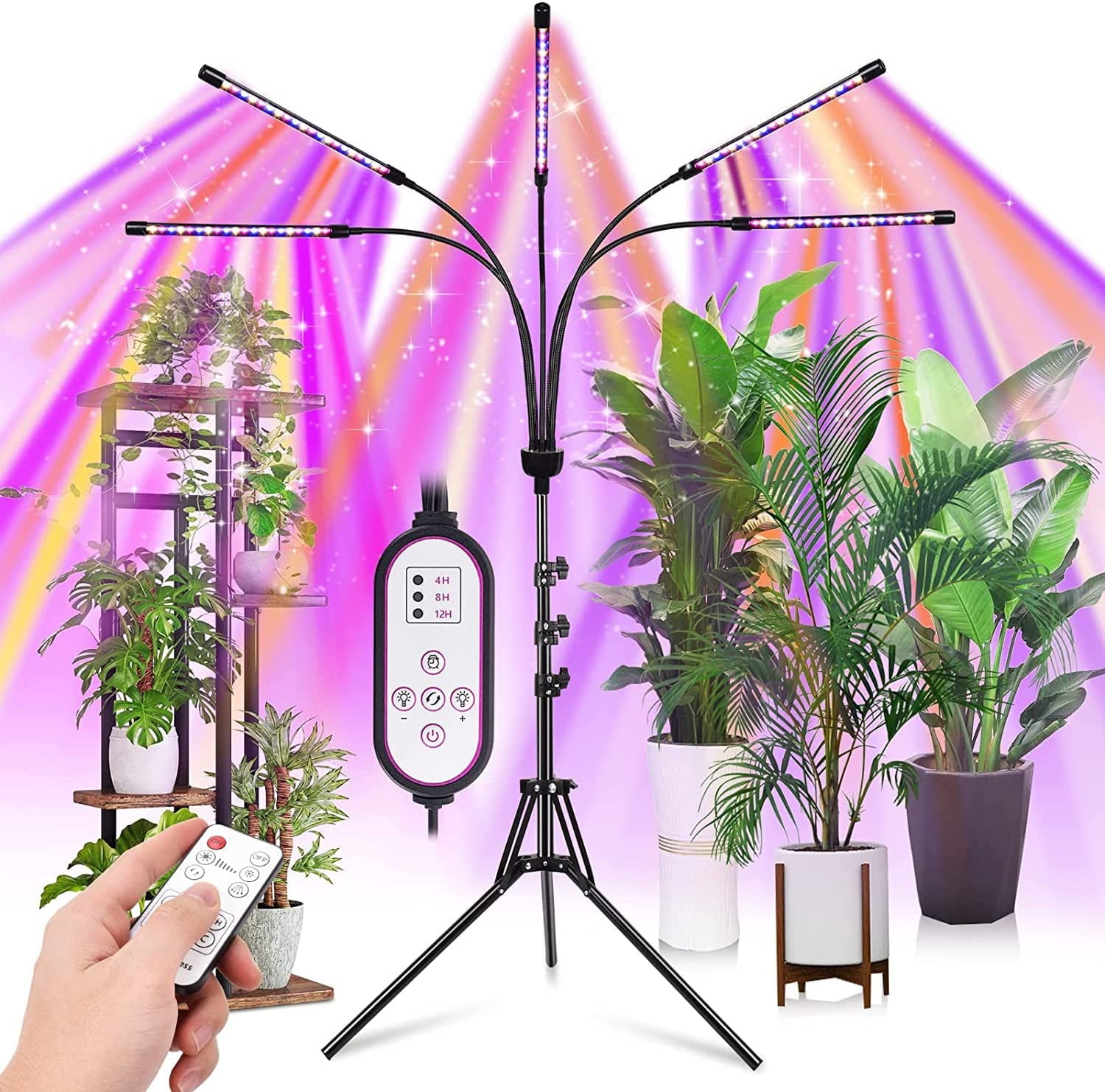 5-Head Adjustable LED Plant Lights, Full Spectrum Lamp with Timer for ...