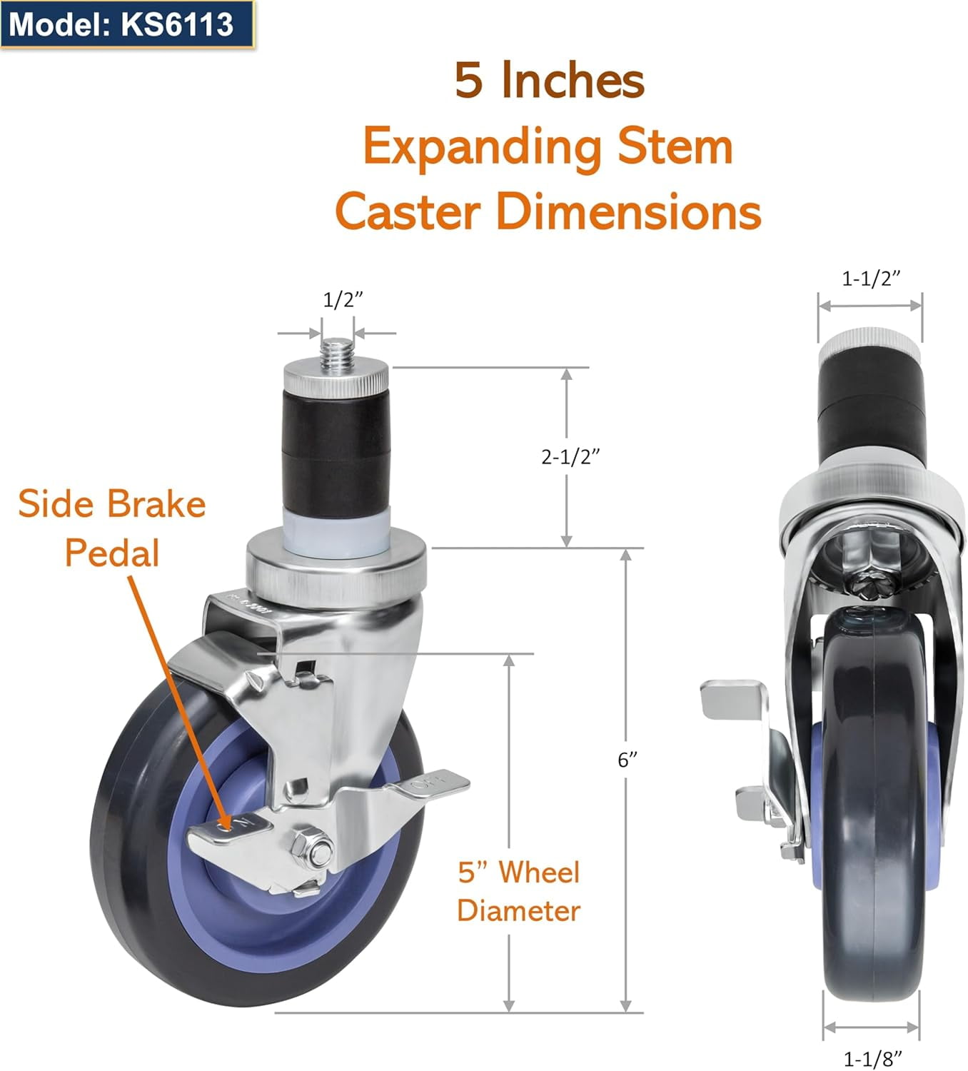 5" Heavy Duty Casters Wheels with Expanding Stem - Loading Capacity ...