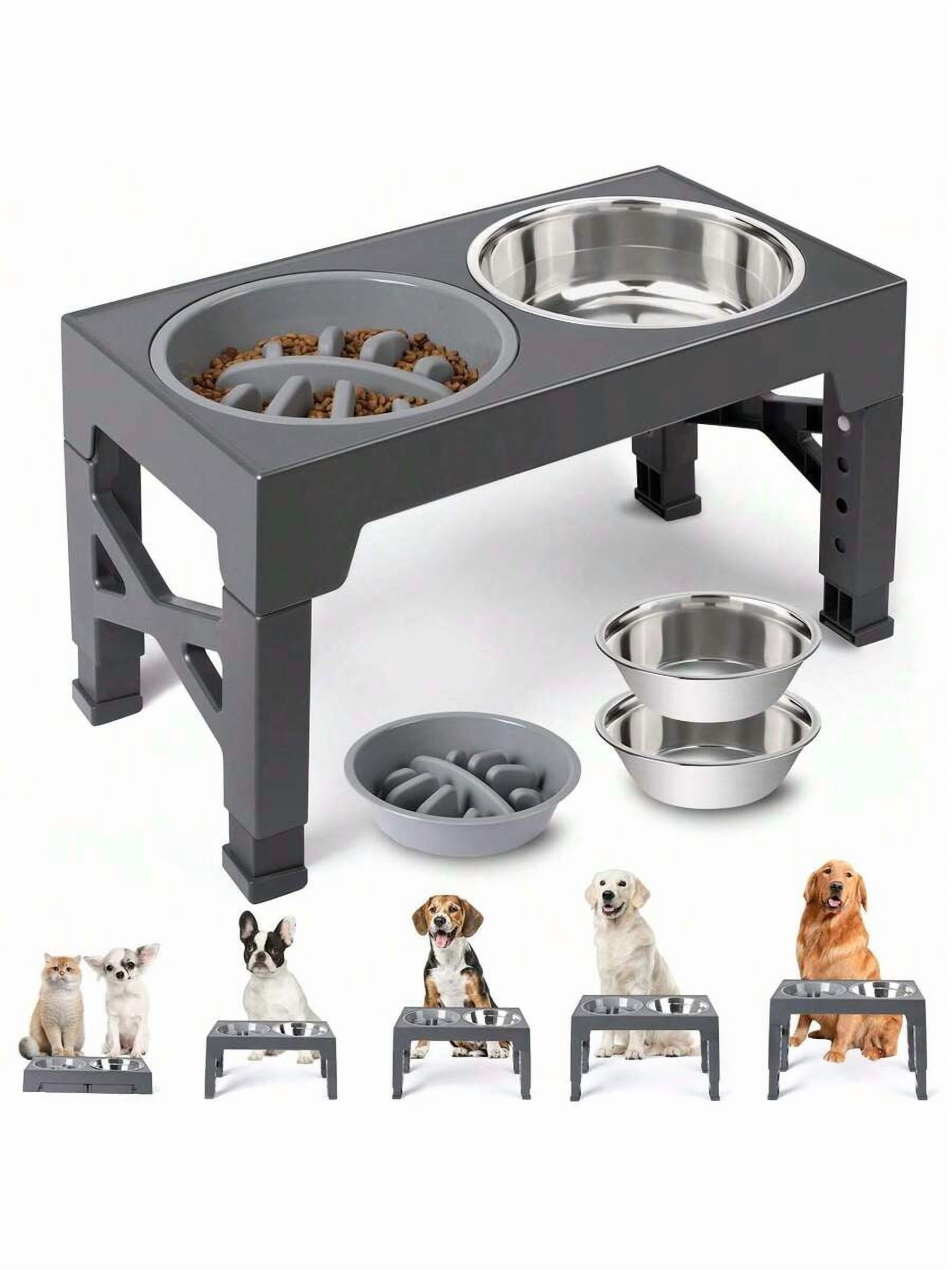 5-Height Adjustable Raised Pet Bowl Set with Slow Feeder - 2 Stainless ...