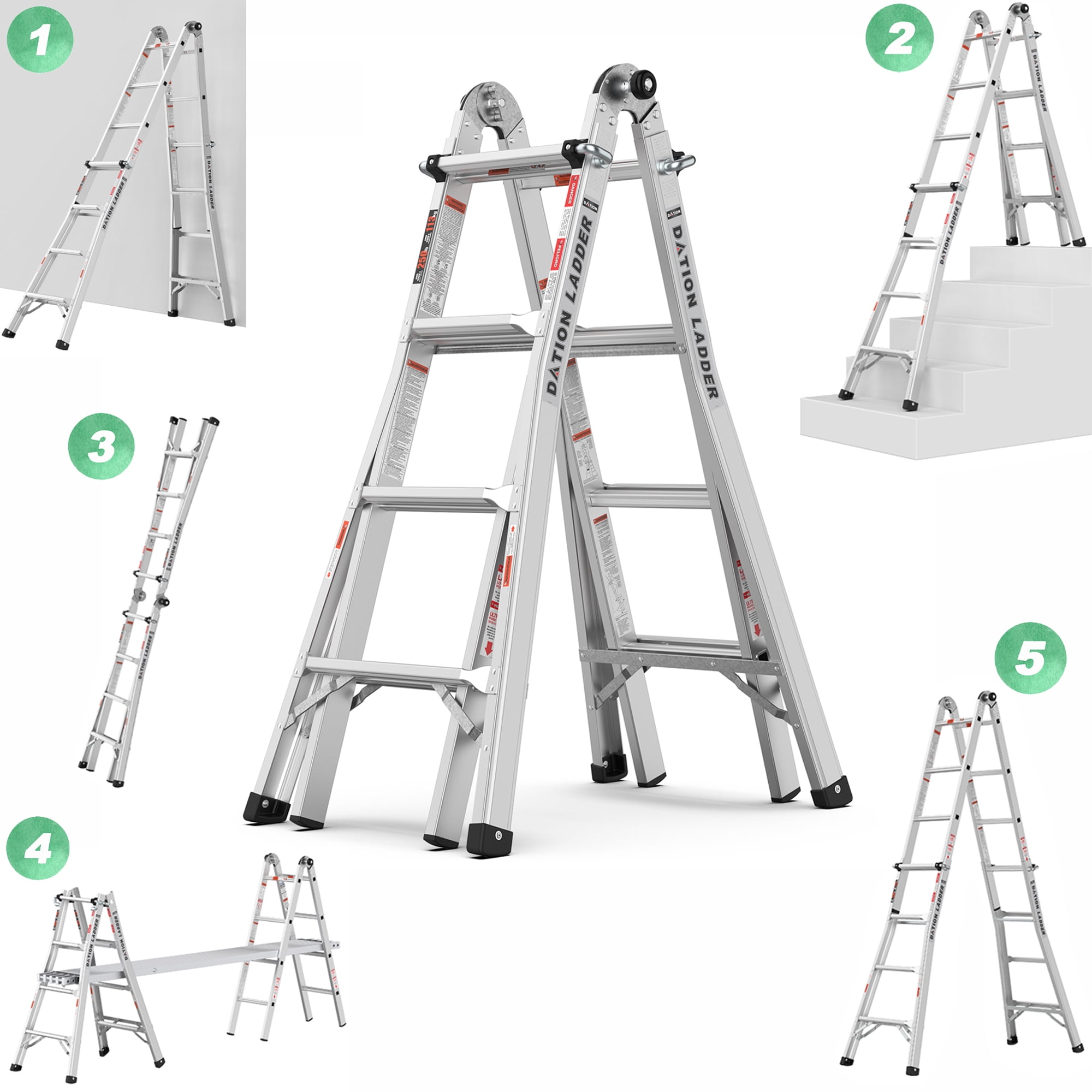 5-IN-1 Ladder, Seizeen Alloy Aluminum Step Ladder Extension, 17ft Multi ...