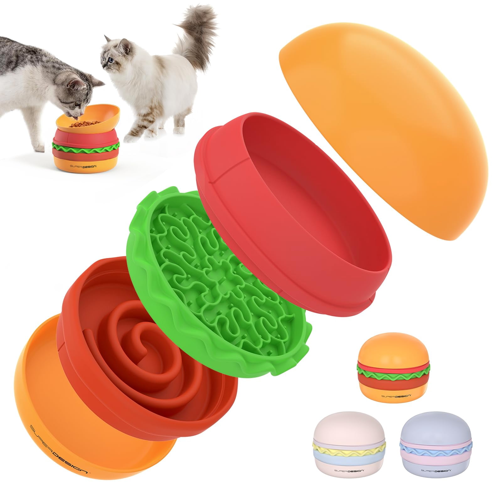 5-In-1 Cat Bowls Set, 6.1 Inch Cute Colorful Hamburger-Shaped Cat Food ...