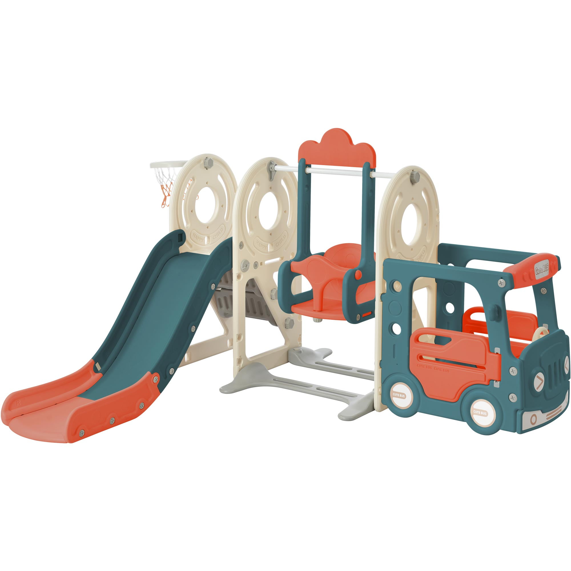 5 In 1 Kids Swing-N-Slide Set, Bus Slide Set with Bus Play Structure ...