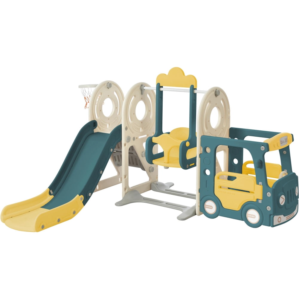 5 In 1 Swing-N-Slide Set with Bus Play Structure, Slide, Climber, and Basketball Hoop, Indoor ...