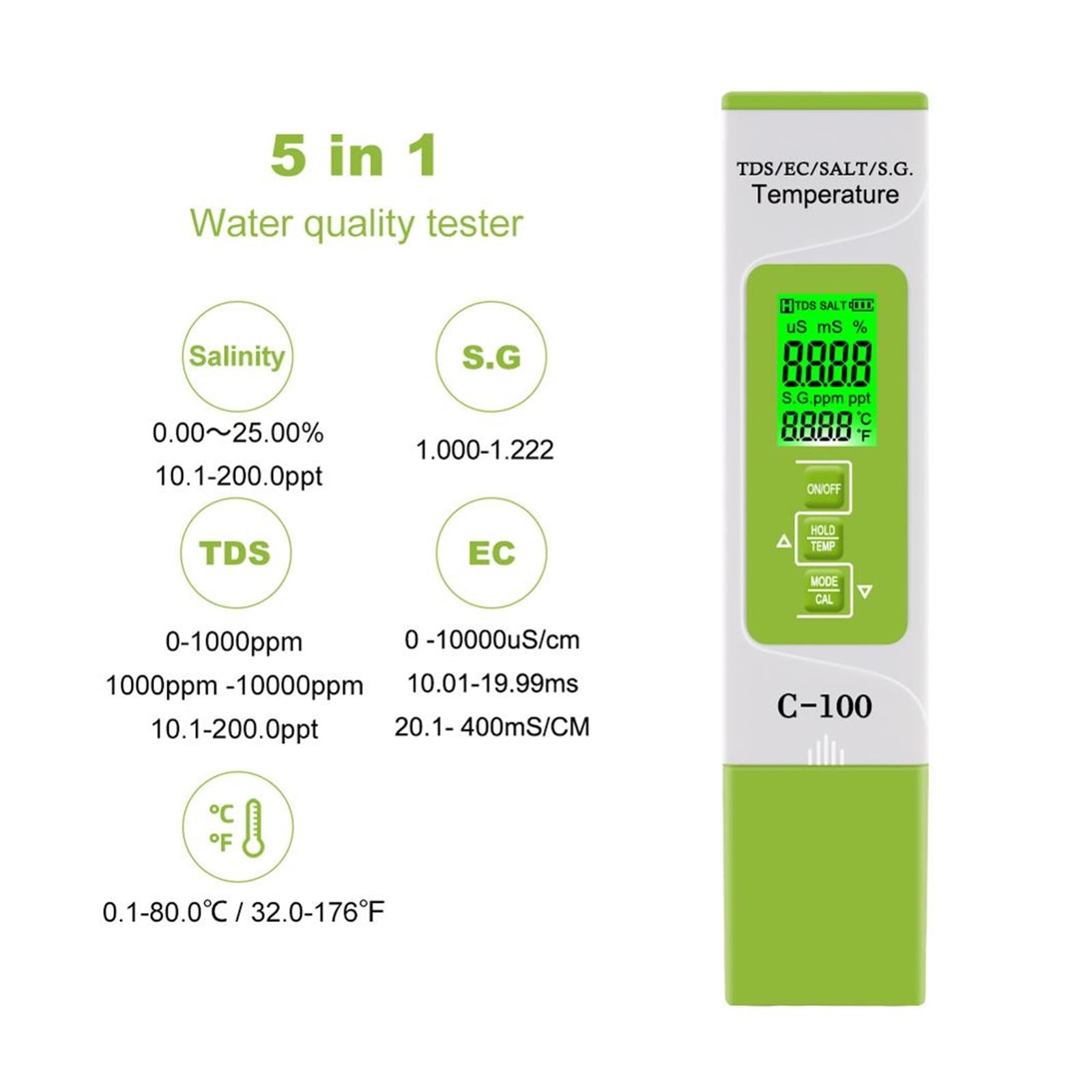 5 In 1 TDS/EC/Salinity/S.G./Temperature Salt Meter Digital Sea Water ...