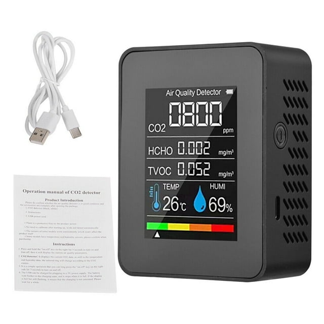 5 In1 Indoor Air Quality Monitor CO2 HCHO TVOC AQI Meter Detector ...