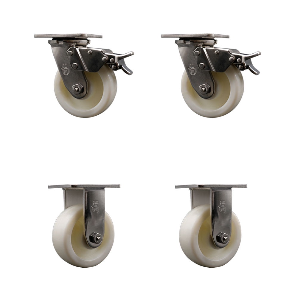 5 Inch 316 Stainless Steel Nylon Caster Set w/Delrin Bearing 2 Brake 2 ...