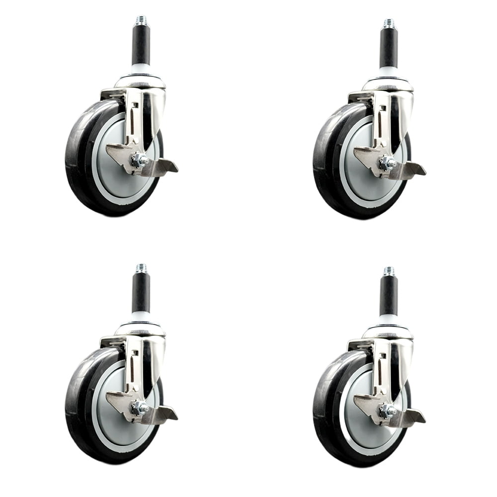 5 Inch 316SS Black Poly Swivel 7/8 Inch Expanding Stem Caster Set Brake ...