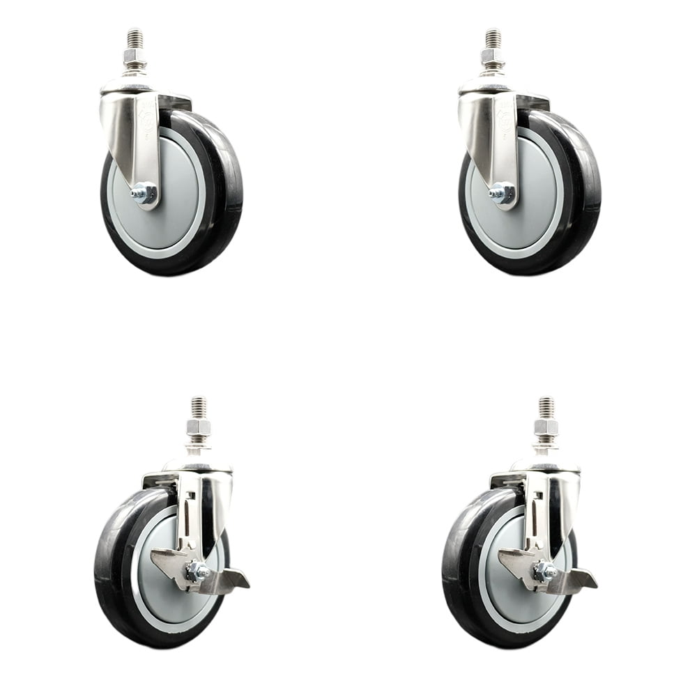 5 Inch 316SS Black Polyurethane Swivel 12mm Threaded Stem Caster Set 2 ...