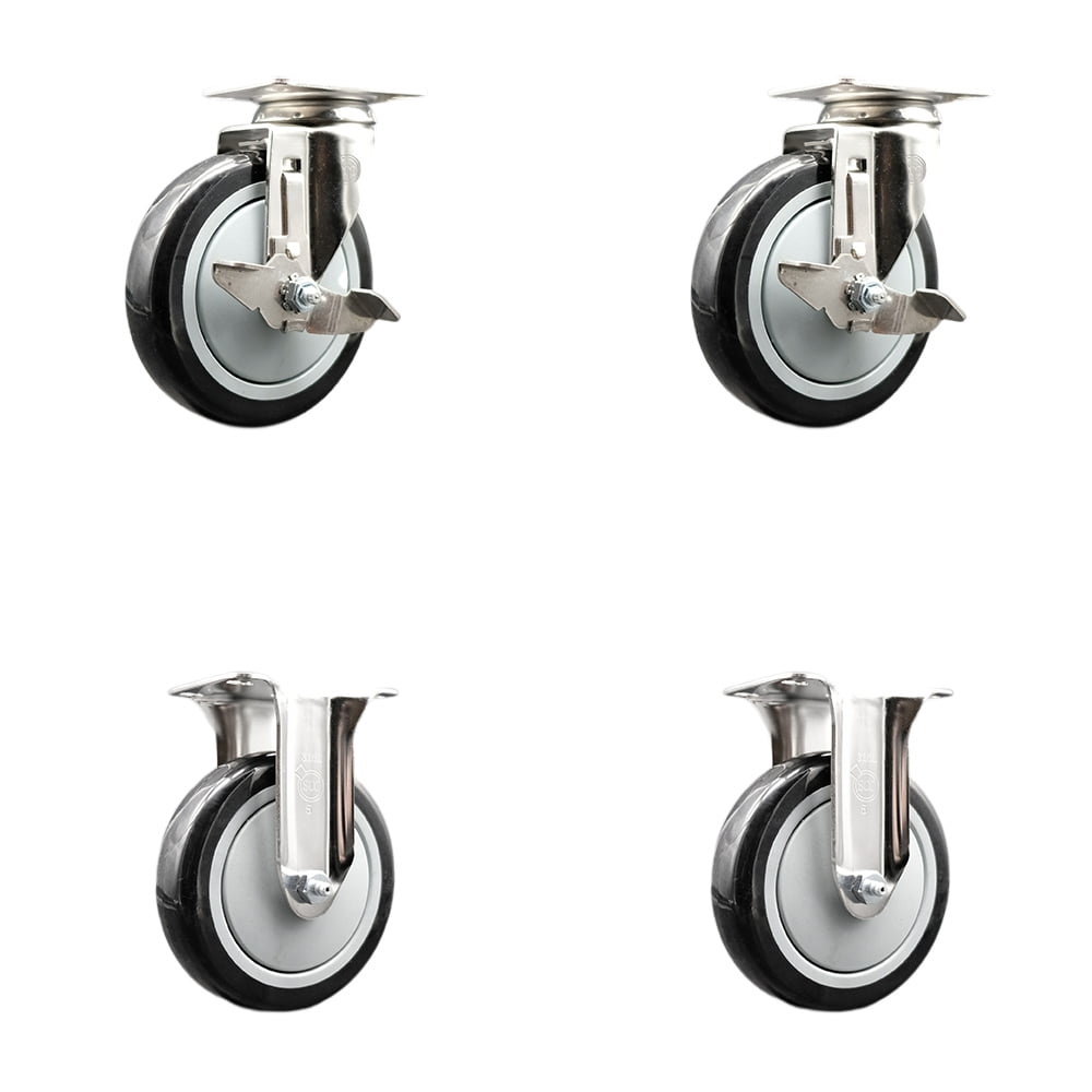 5 Inch 316SS Black Polyurethane Swivel Top Plate Caster Set 2 Brake 2 ...