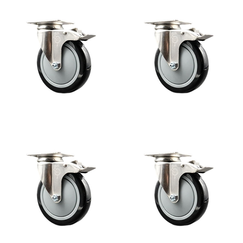 5 Inch 316SS Black Polyurethane Swivel Top Plate Caster Set Total Lock ...