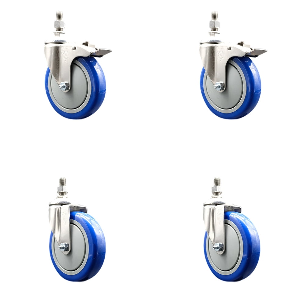 5 Inch 316SS Blue Polyurethane 10mm Threaded Stem Caster Set 2 Lock ...
