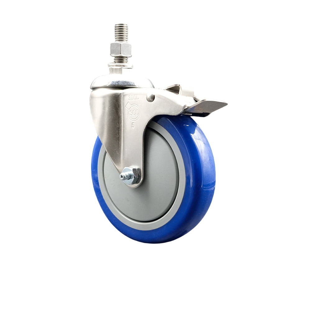 5 Inch 316SS Blue Polyurethane Swivel 12mm Stem Caster Total Lock Brake ...