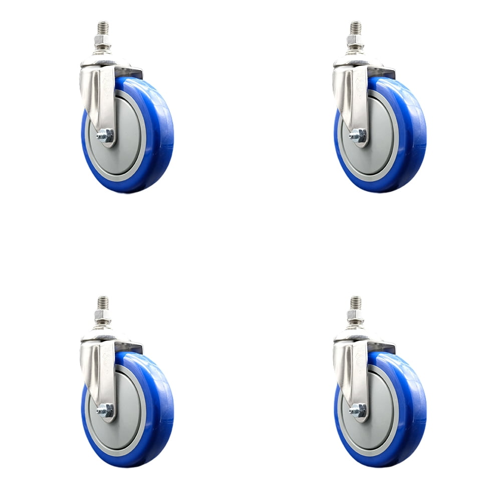 5 Inch 316SS Blue Polyurethane Wheel Swivel 12mm Threaded Stem Caster ...