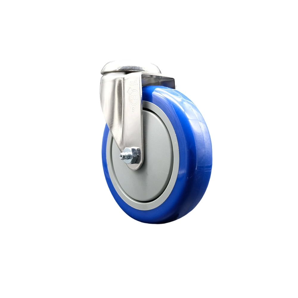 5 Inch 316SS Blue Polyurethane Wheel Swivel Bolt Hole Caster Service ...