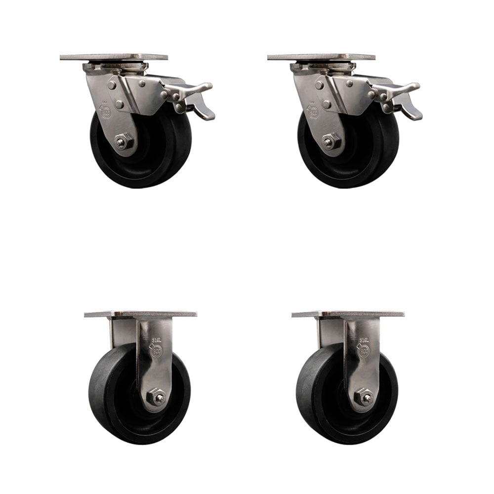 5 Inch 316SS Glass Filled Nylon Caster Set w/Delrin Bearing 2 Brakes 2 ...