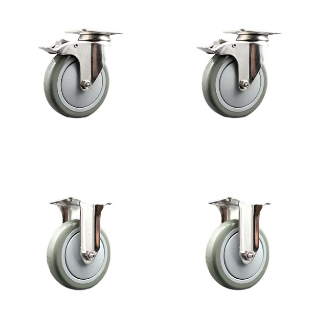 5 Inch 316SS Gray Polyurethane Swivel Top Plate Caster Set 2 Lock Brake ...