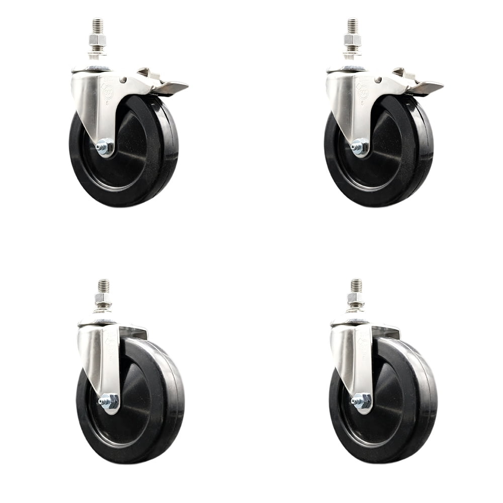5 Inch 316SS Hard Rubber Swivel 12mm Threaded Stem Caster Set 2 Lock ...