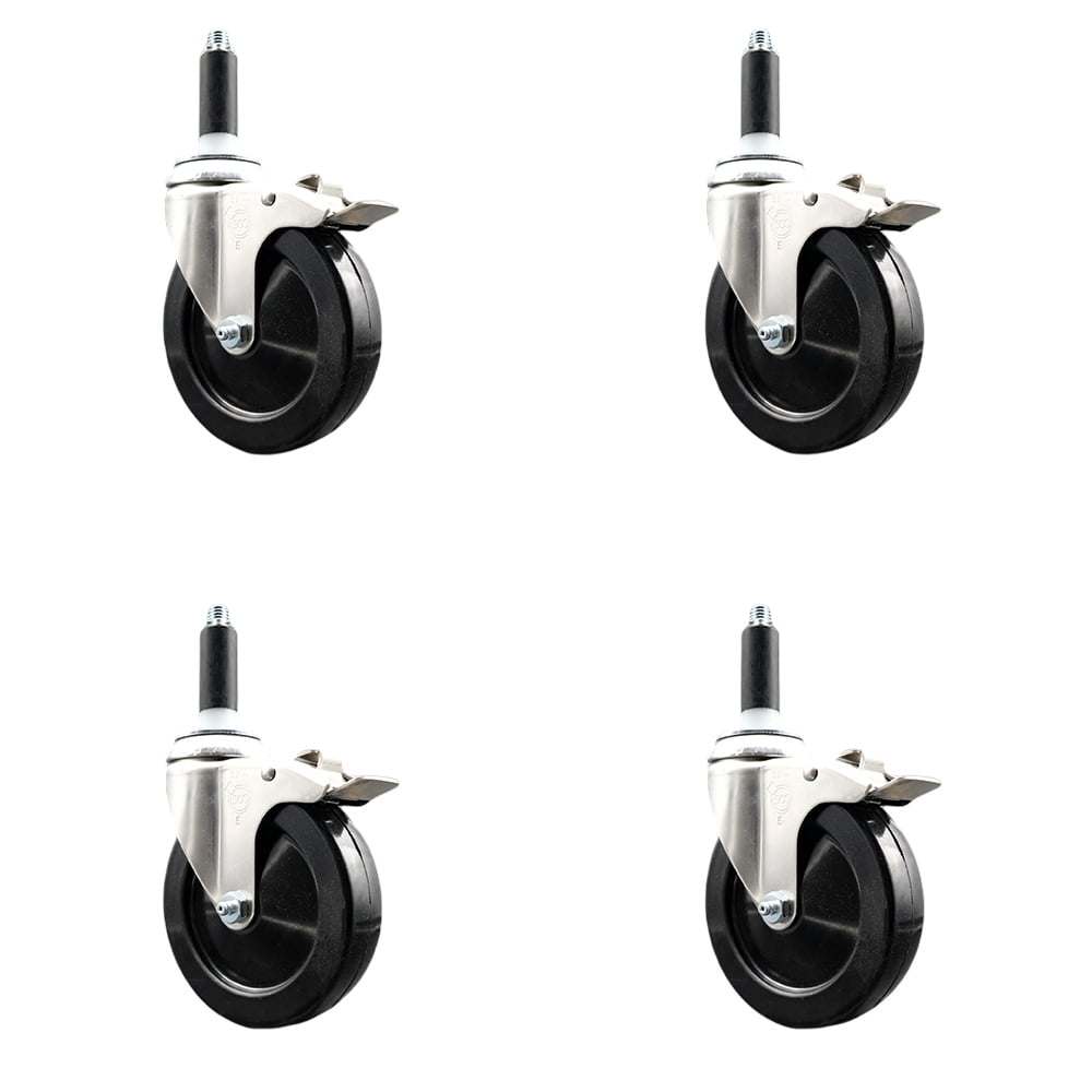 5 Inch 316SS Hard Rubber Wheel Swivel 3/4 Inch Stem Caster Set Lock ...