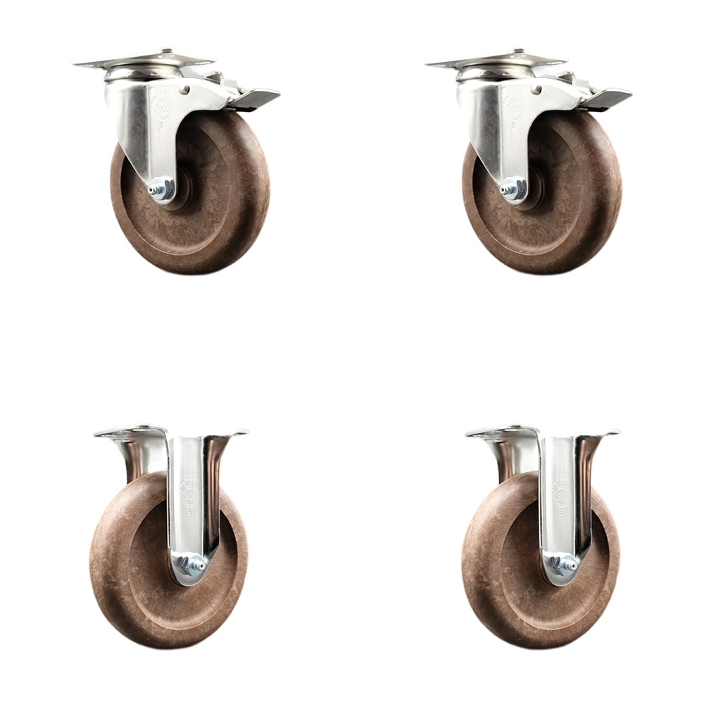 5 Inch 316SS High Temp Glass Filled Nylon Plate Caster Set 2 Lock Brake ...