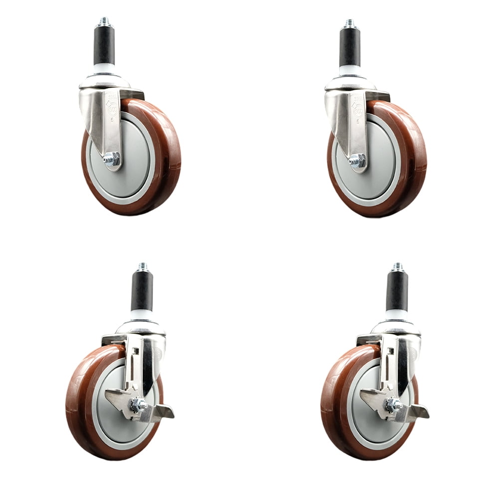 5 Inch 316SS Maroon Poly Swivel 1-1/4 Inch Expanding Stem Caster Set 2 ...