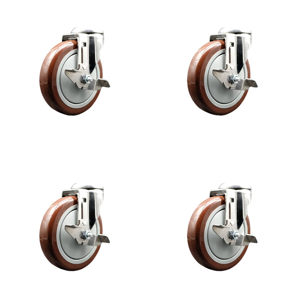 5 Inch 316SS Maroon Polyurethane Wheel Swivel Bolt Hole Caster Set with ...