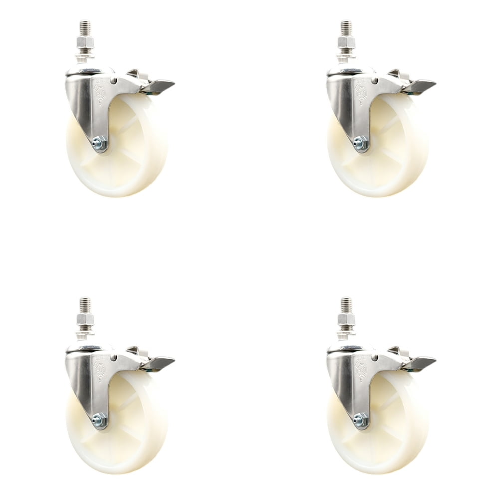 5 Inch 316SS Nylon Wheel Swivel 10mm Threaded Stem Caster Set Lock ...