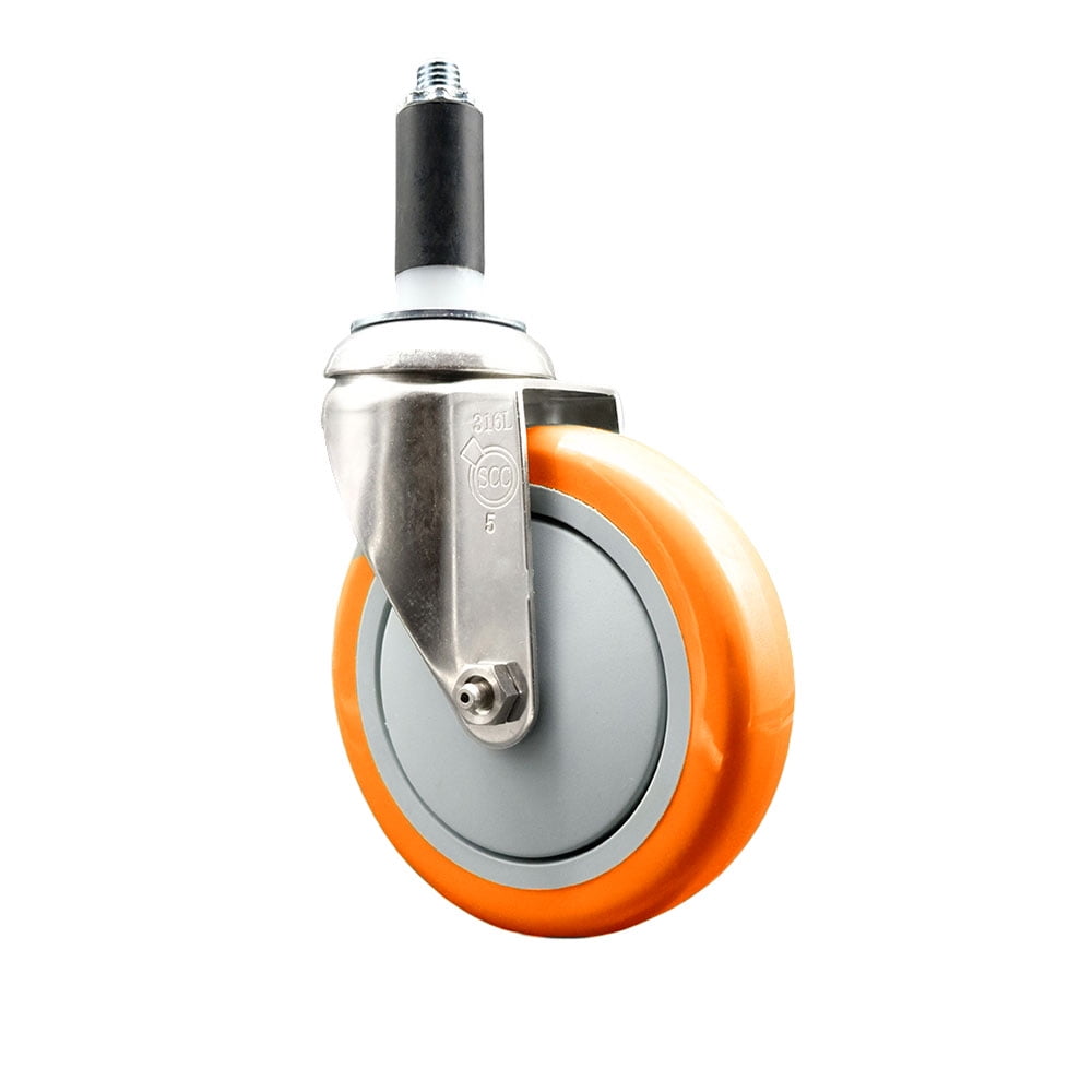 5 Inch 316SS Orange Polyurethane Wheel Swivel 1-1/8 Inch Expanding Stem ...