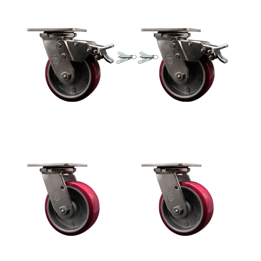 5 Inch 316SS Poly on Aluminum Caster Set w/Roller Bearings 2 Swivel ...
