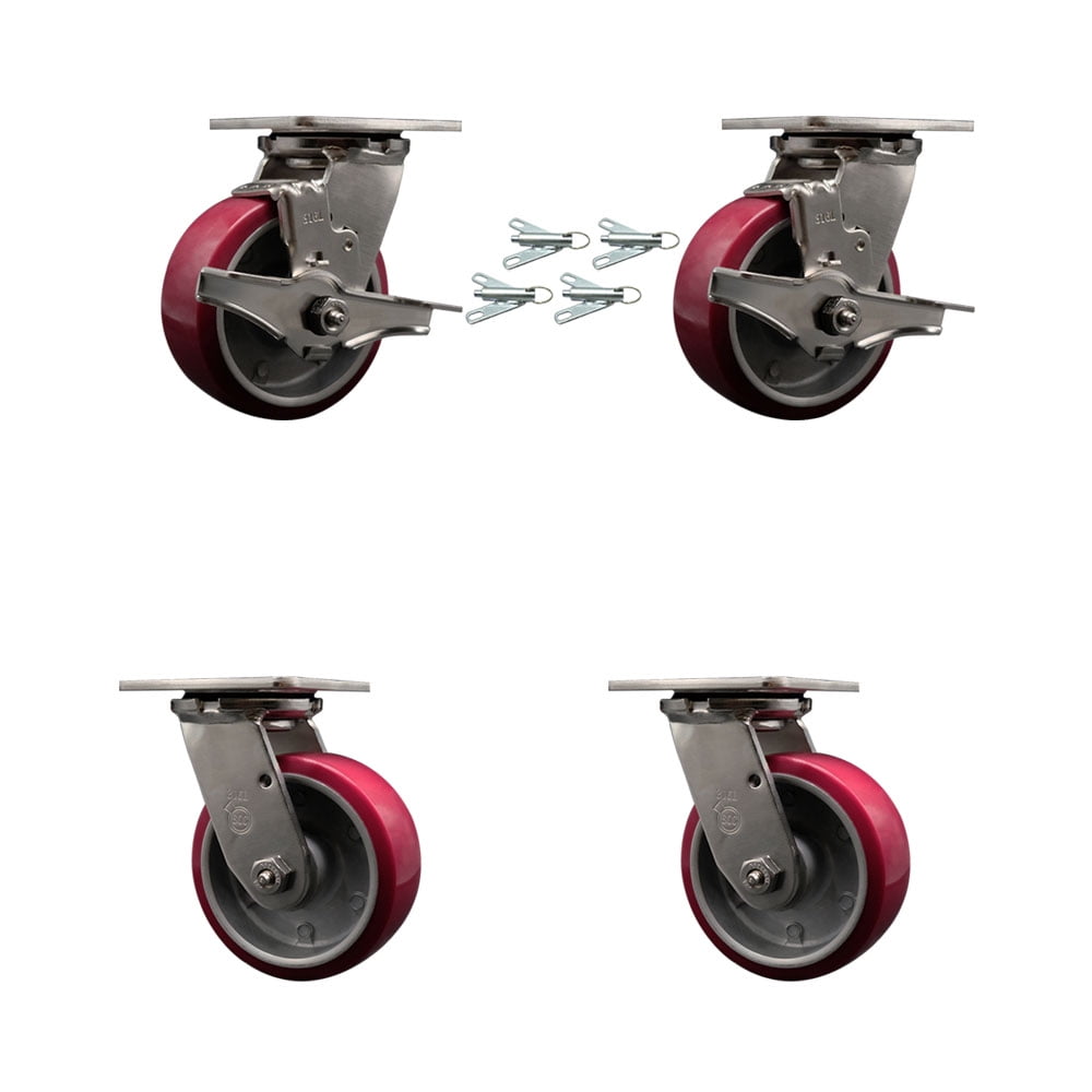 5 Inch 316SS Poly on Aluminum Caster Set w/Roller Bearings 4 Swivel ...