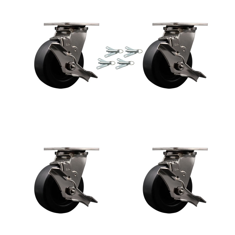 5 Inch 316SS Polyolefin Caster Set with Ball Bearings and Brakes/Swivel ...