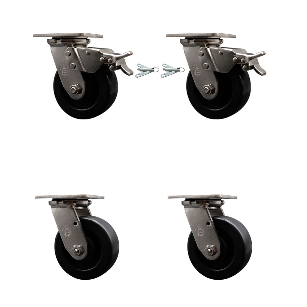 5 Inch 316SS Polyolefin Caster Set with Delrin Bearings 2 Swivel Locks ...
