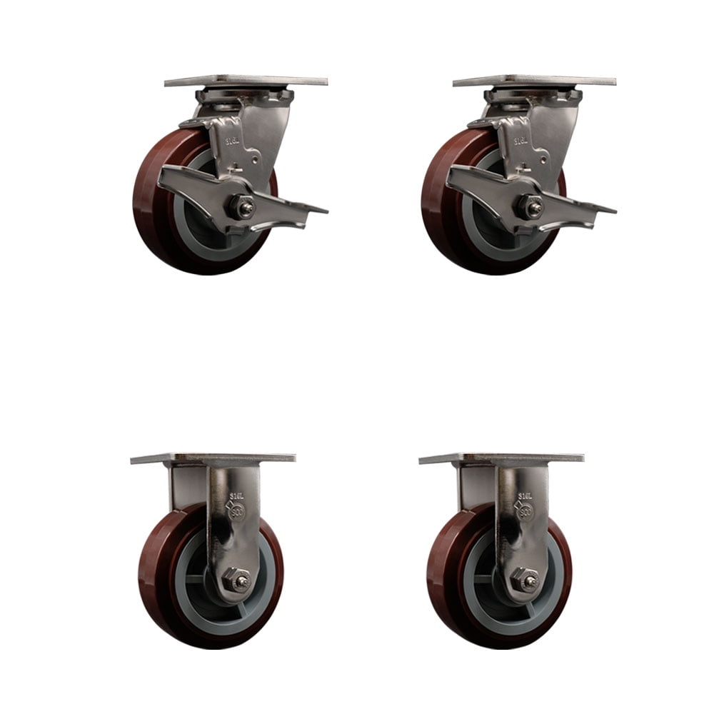 5 Inch 316SS Polyurethane Caster Set with Ball Bearings 2 Brakes 2 ...