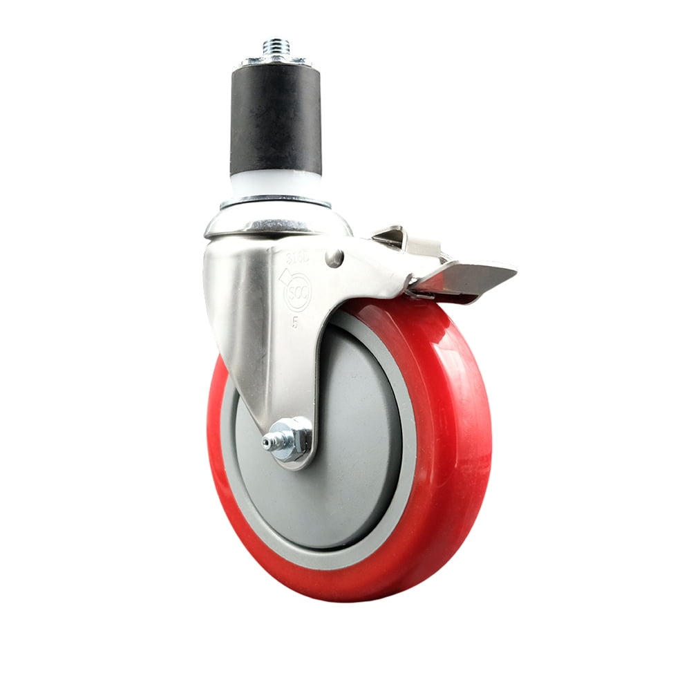 5 Inch 316SS Red Poly Swivel 1-7/8 Inch Expanding Stem Caster Lock ...