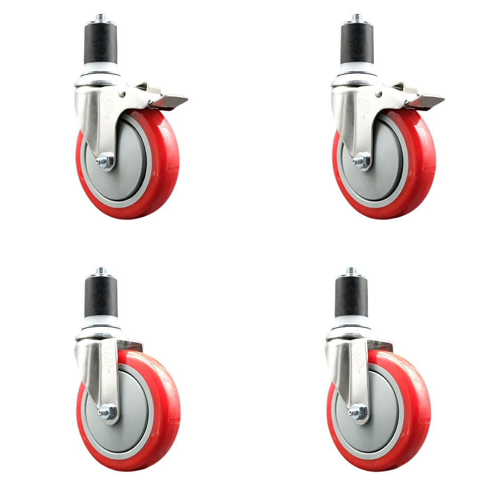 5 Inch 316SS Red Poly Swivel 1-7/8 Inch Expanding Stem Caster Set 2 ...
