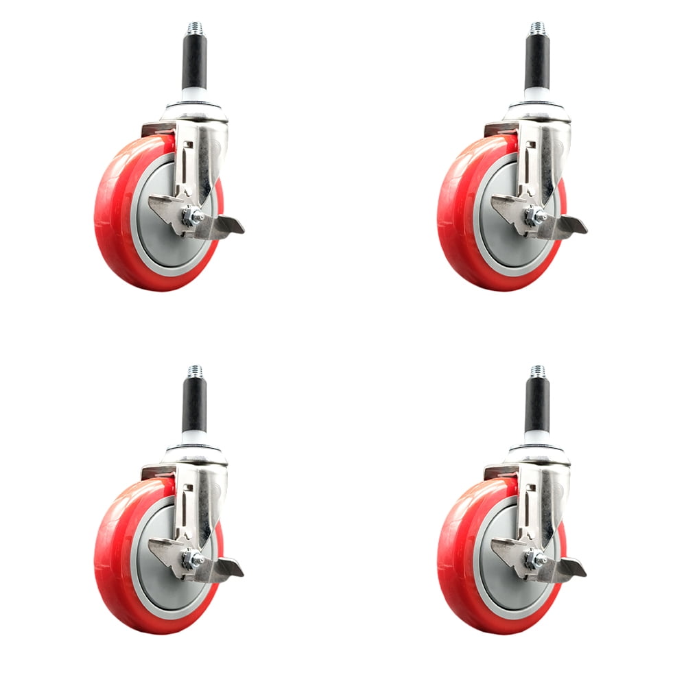 5 Inch 316SS Red Poly Swivel 3/4 Inch Expanding Stem Caster Set Brake ...