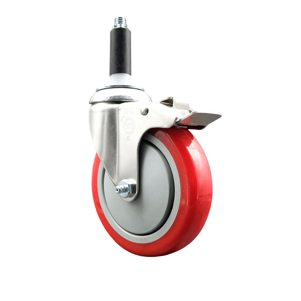 5 Inch 316SS Red Poly Swivel 7/8 Inch Expanding Stem Caster Lock Brake ...