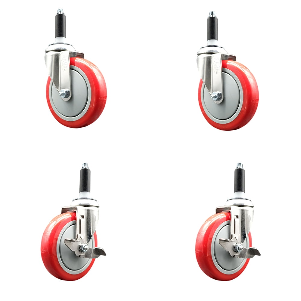 5 Inch 316SS Red Poly Swivel 7/8 Inch Expanding Stem Caster Set 2 Brake ...