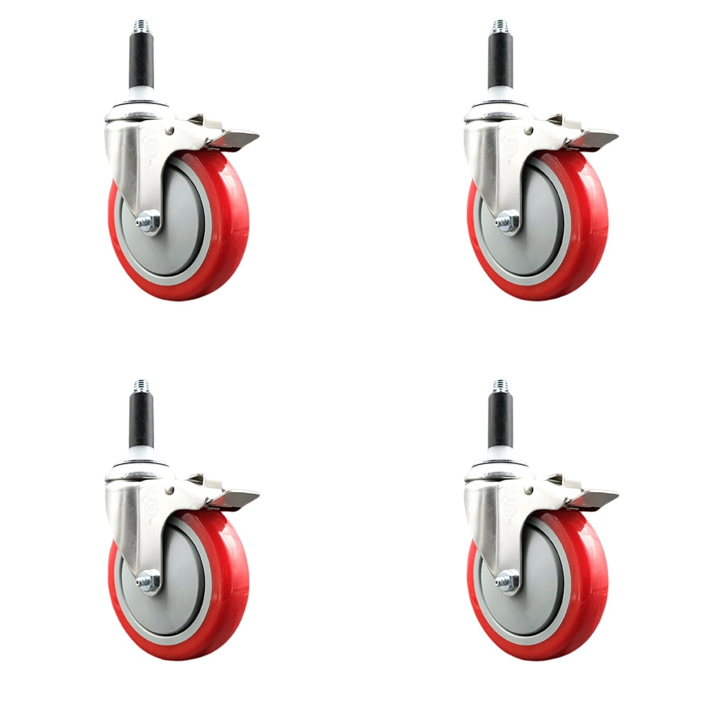 5 Inch 316SS Red Poly Swivel 7/8 Inch Expanding Stem Caster Set Lock ...