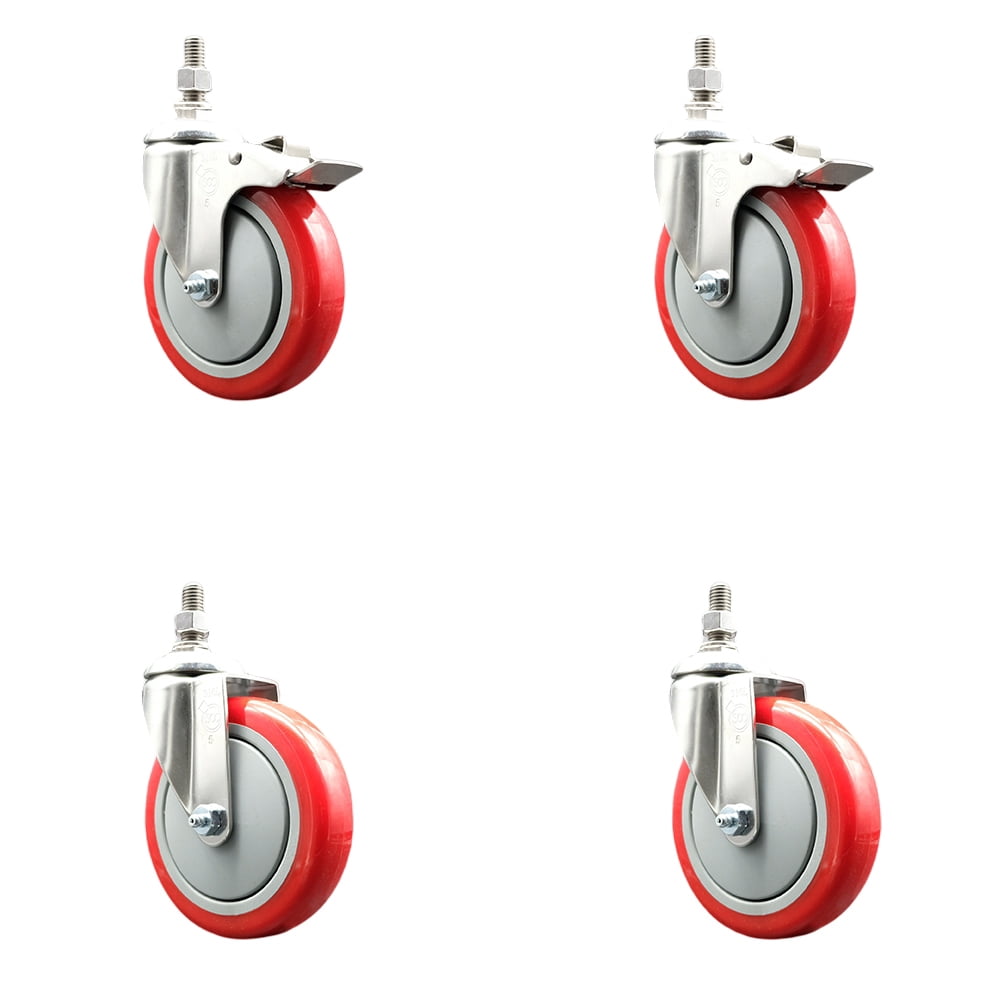 5 Inch 316SS Red Polyurethane 10mm Threaded Stem Caster Set 2 Lock ...