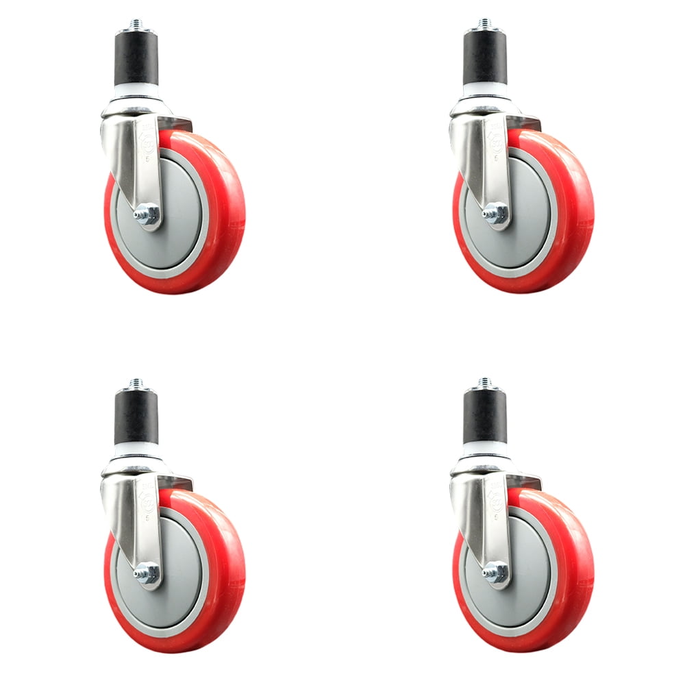 5 Inch 316SS Red Polyurethane Swivel 1-3/4 Inch Expanding Stem Caster ...