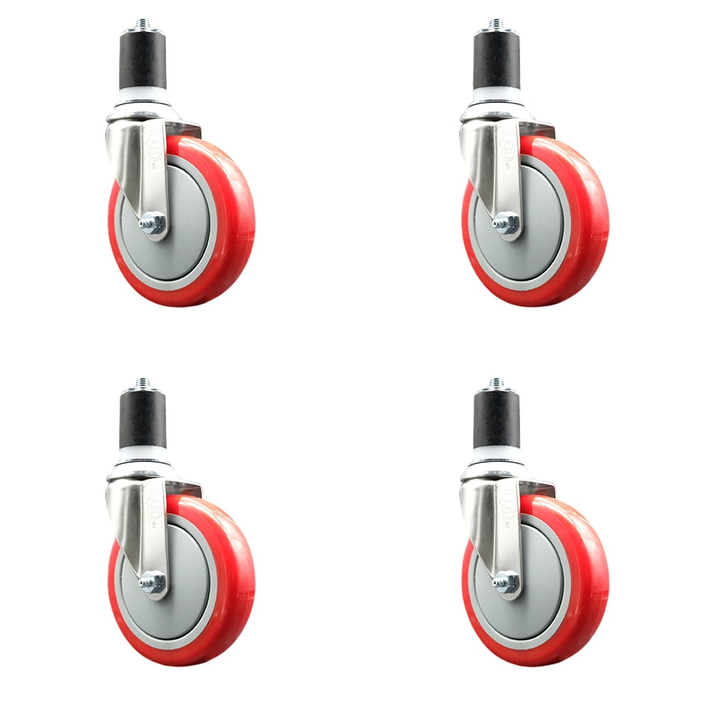 5 Inch 316SS Red Polyurethane Swivel 1-7/8 Inch Expanding Stem Caster ...