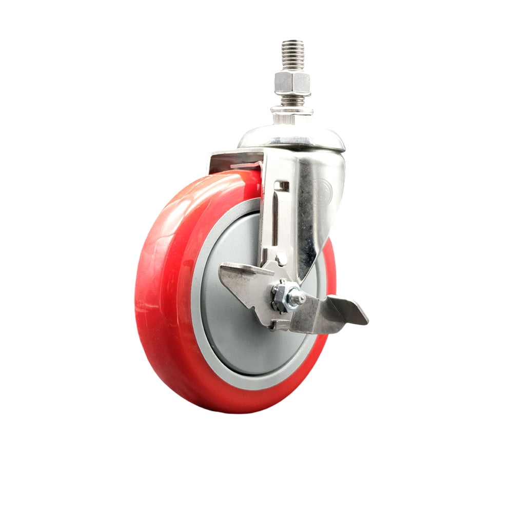 5 Inch 316SS Red Polyurethane Swivel 10mm Threaded Stem Caster with ...